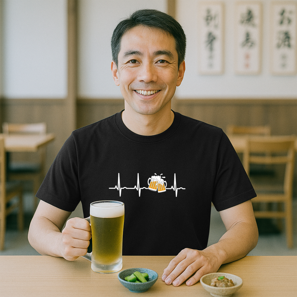 「ビールのハートビート」誕生日プレゼントにも最適！居酒屋・飲み会で話題の面白tシャツ｜日本酒・ビール・焼酎・ウイスキー好きにおすすめ – Drunkmode